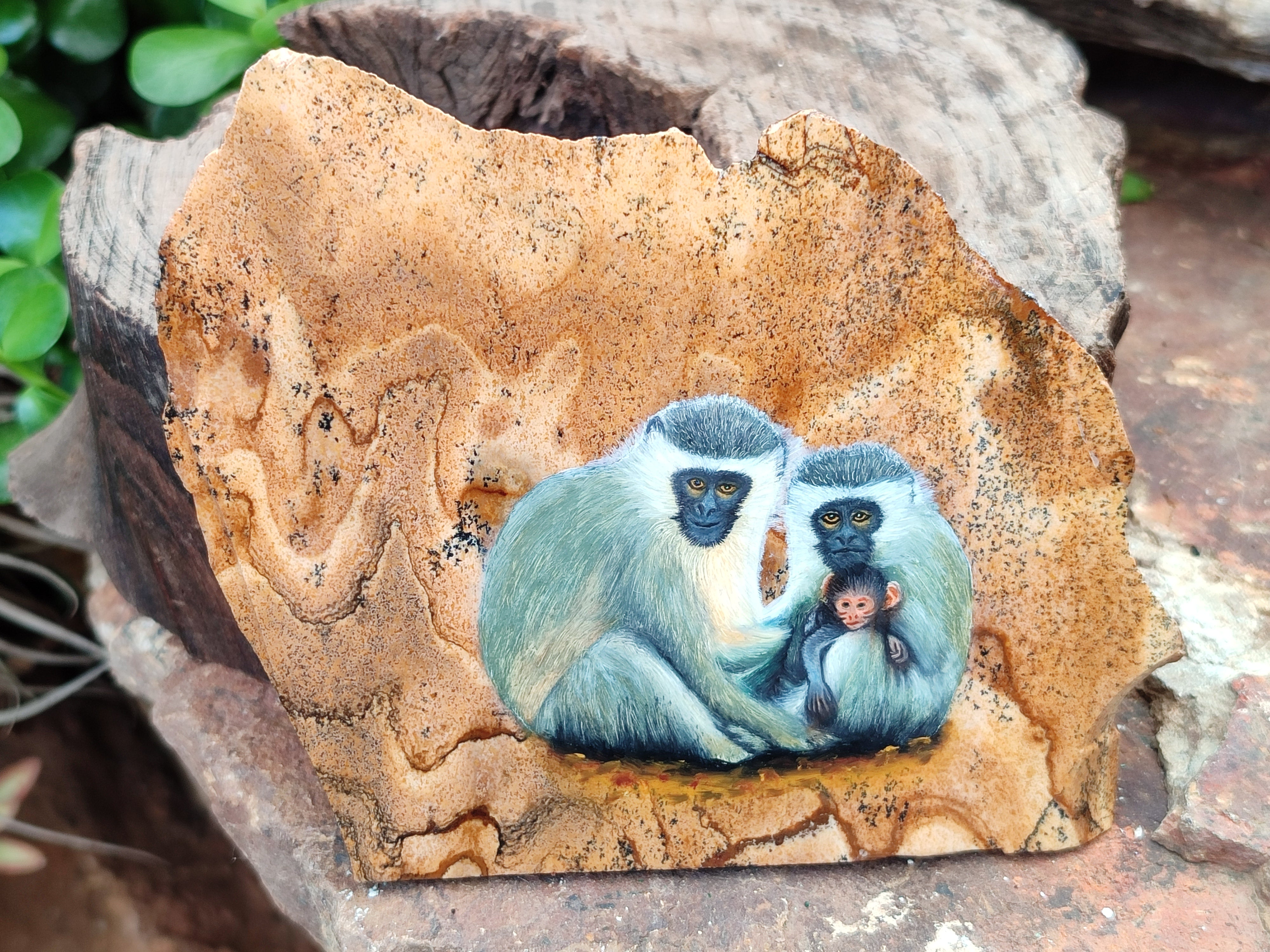 Hand Made Vervet Monkey Family Decoupage on Picture Stone Jasper Stone ...