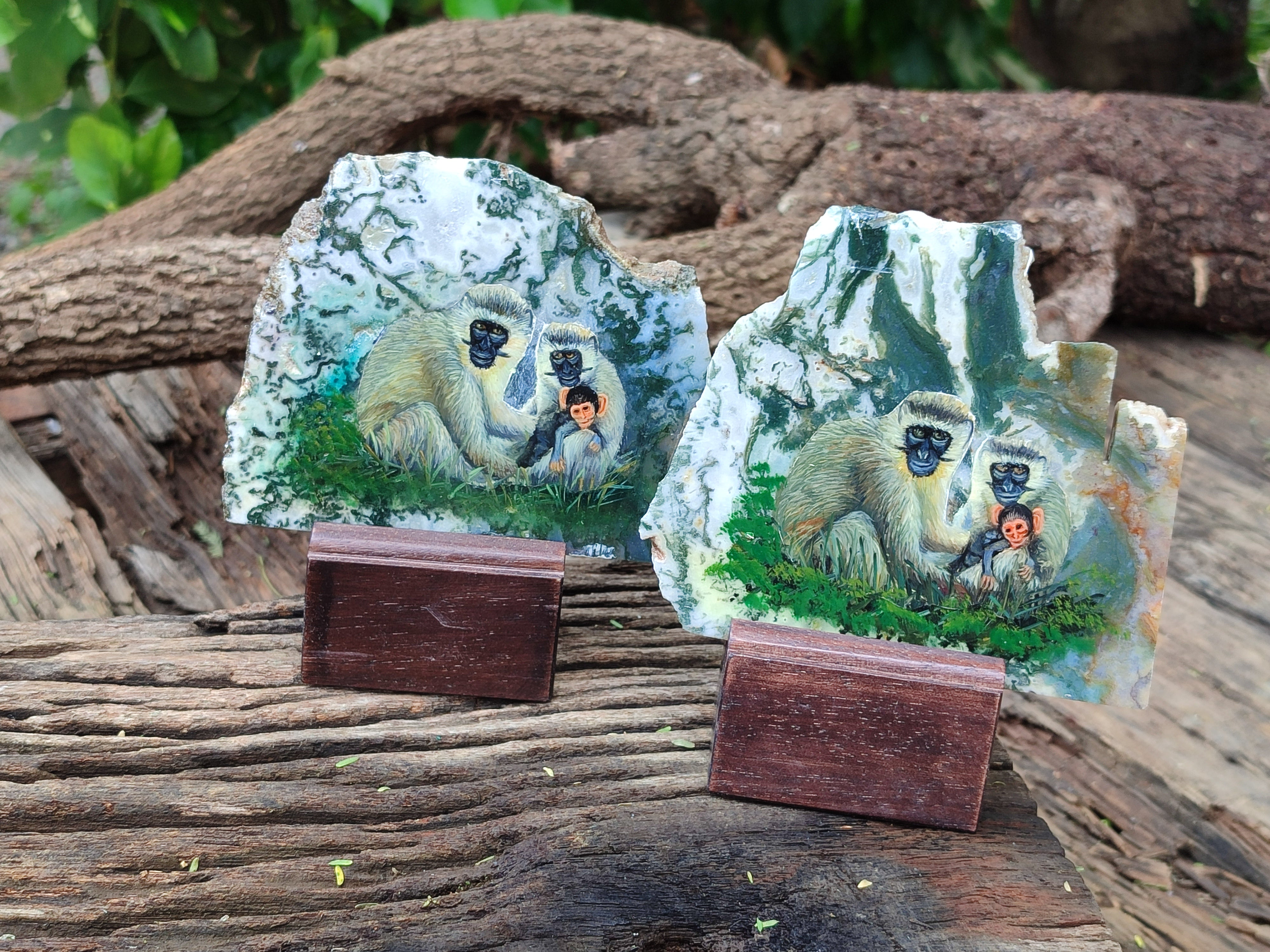 Hand Made Vervet Monkey Family Decoupage on Moss Agate Stone Slabs - s ...