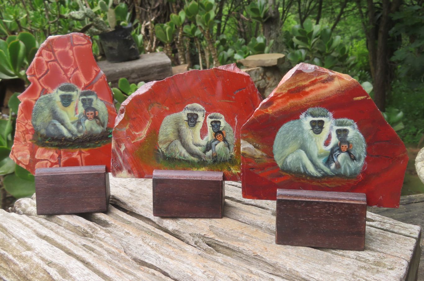 Hand Made Vervet Monkey Family Decoupage on Red Jasper Stone Slabs - s ...