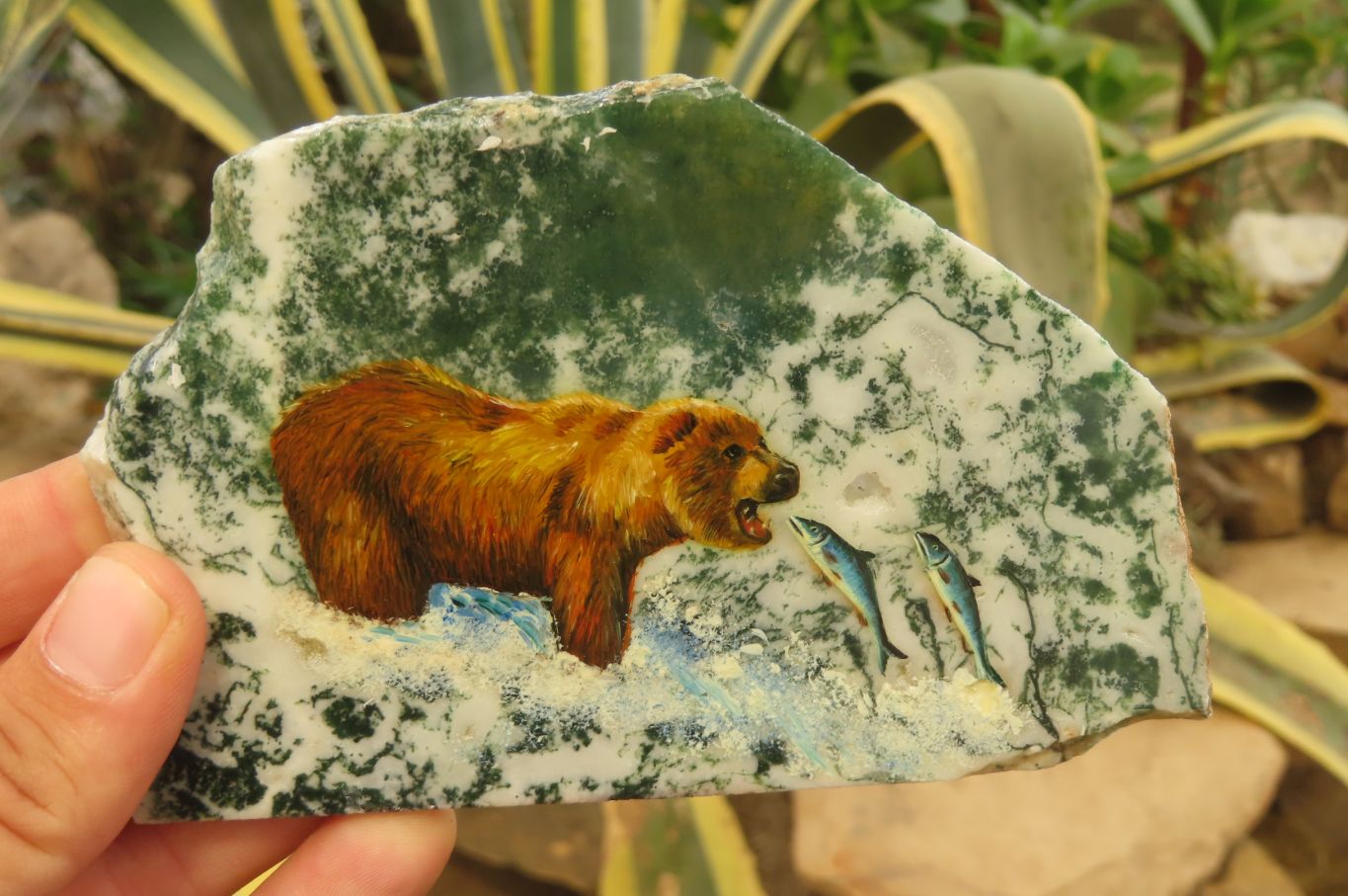 Hand Made Grizzly Bear Fishing Decoupage on Moss Agate Stone Slabs - s ...