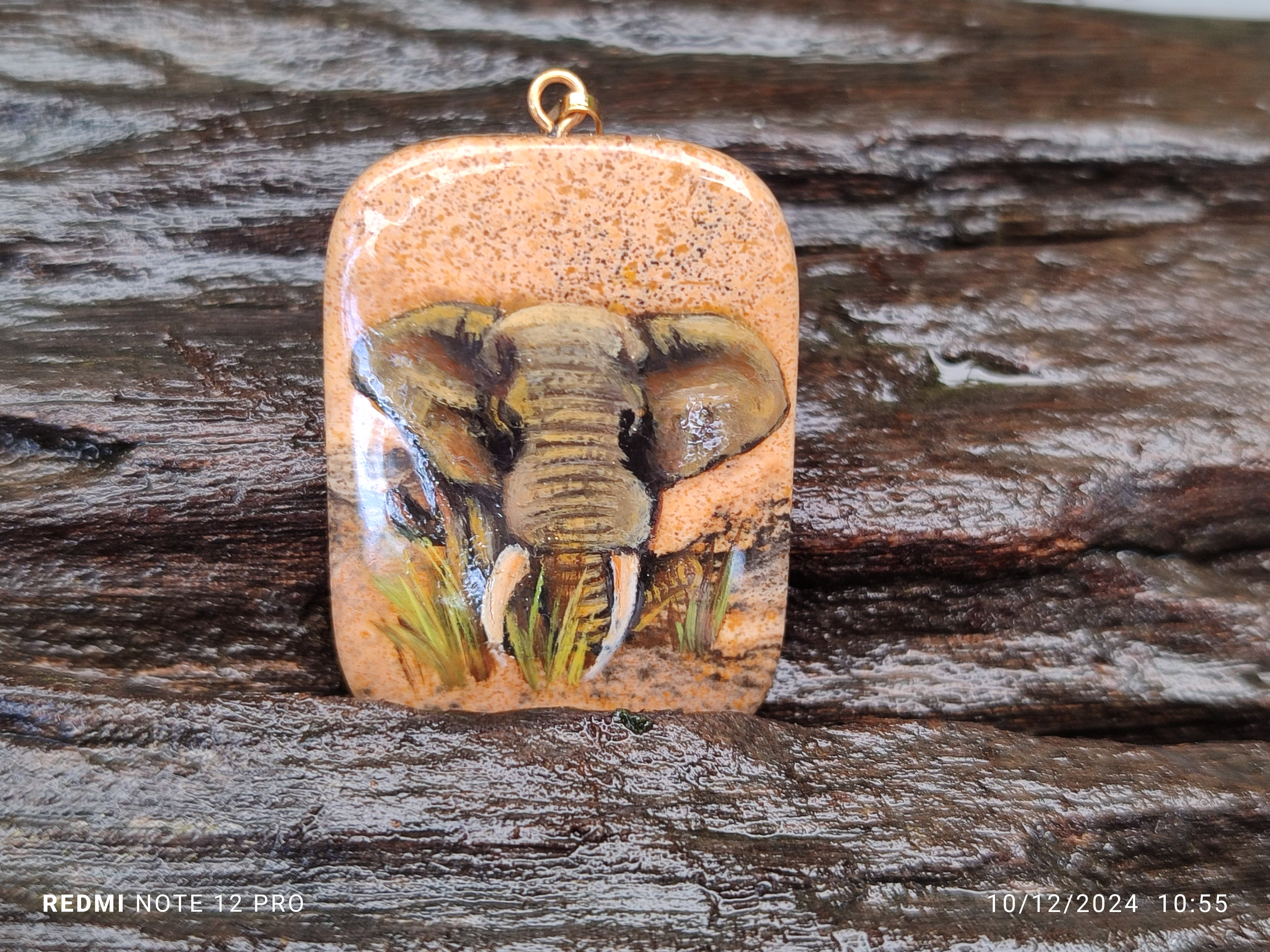 Polished Picture Stone Pendant with Hand Painted Elephant - Sold Per I