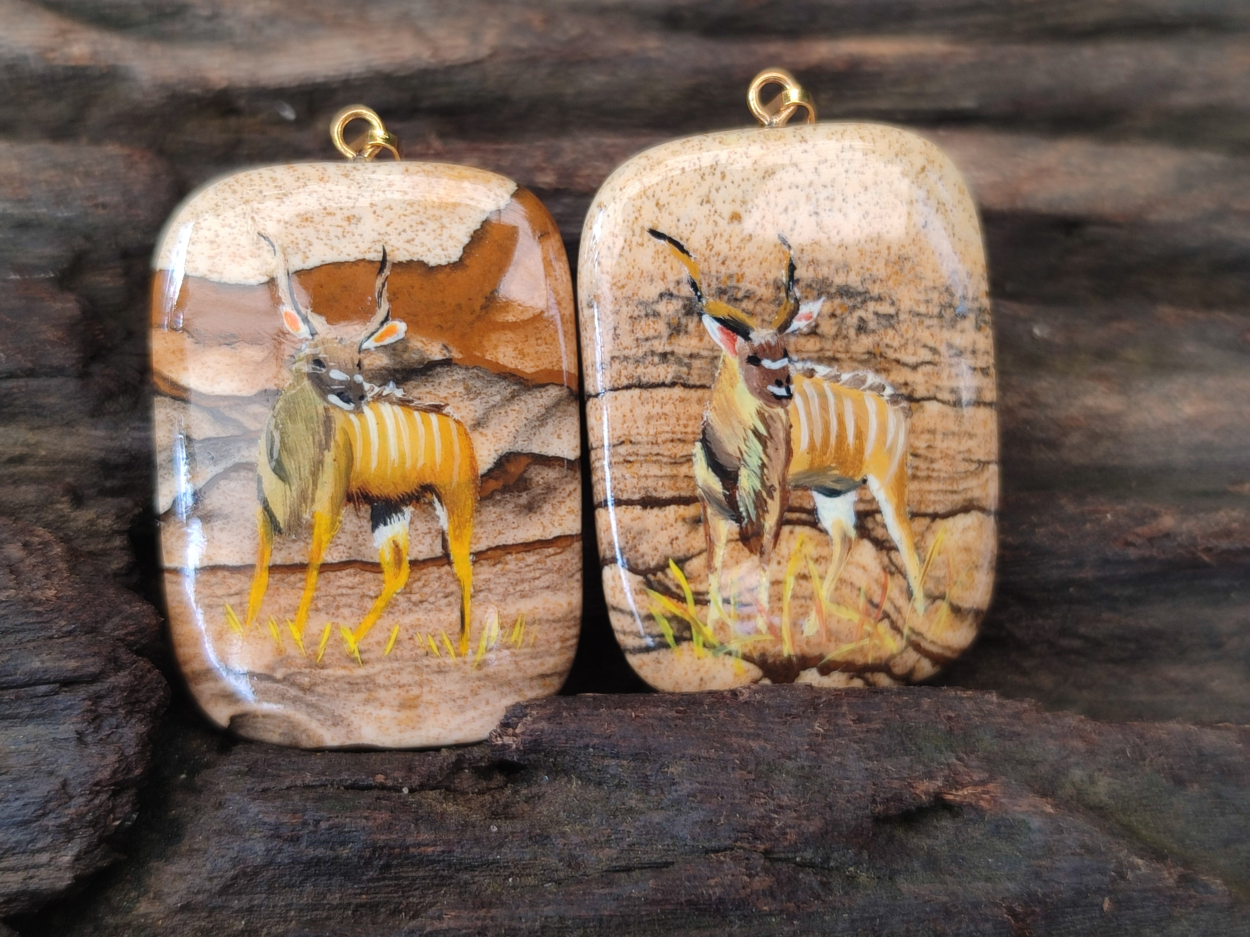 Polished Picture Stone Pendant with Hand Painted Kudu - Sold Per Item ...