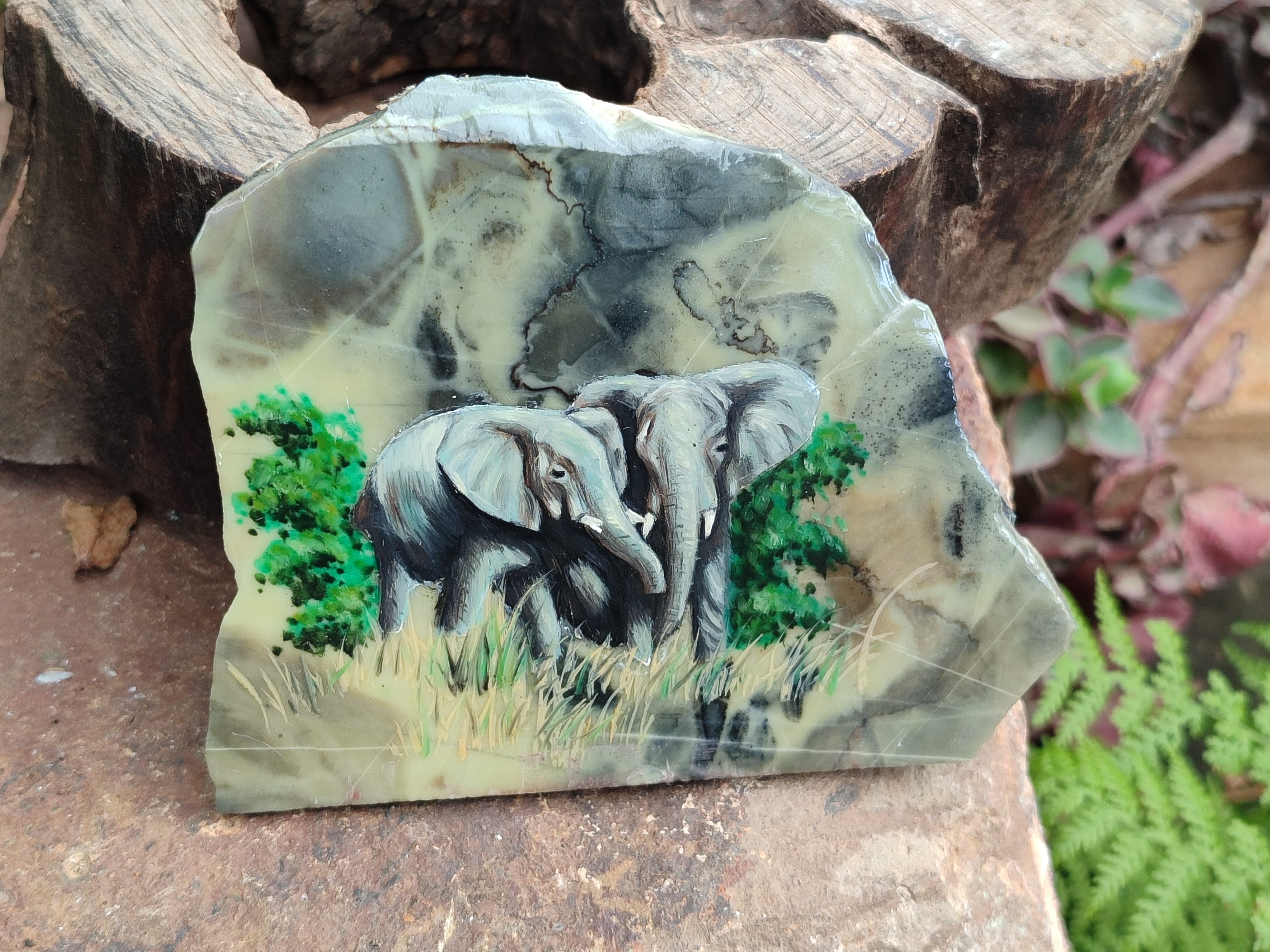 Hand Made Elephant Decoupage on Butter Jade Stone Slabs - sold per ite ...