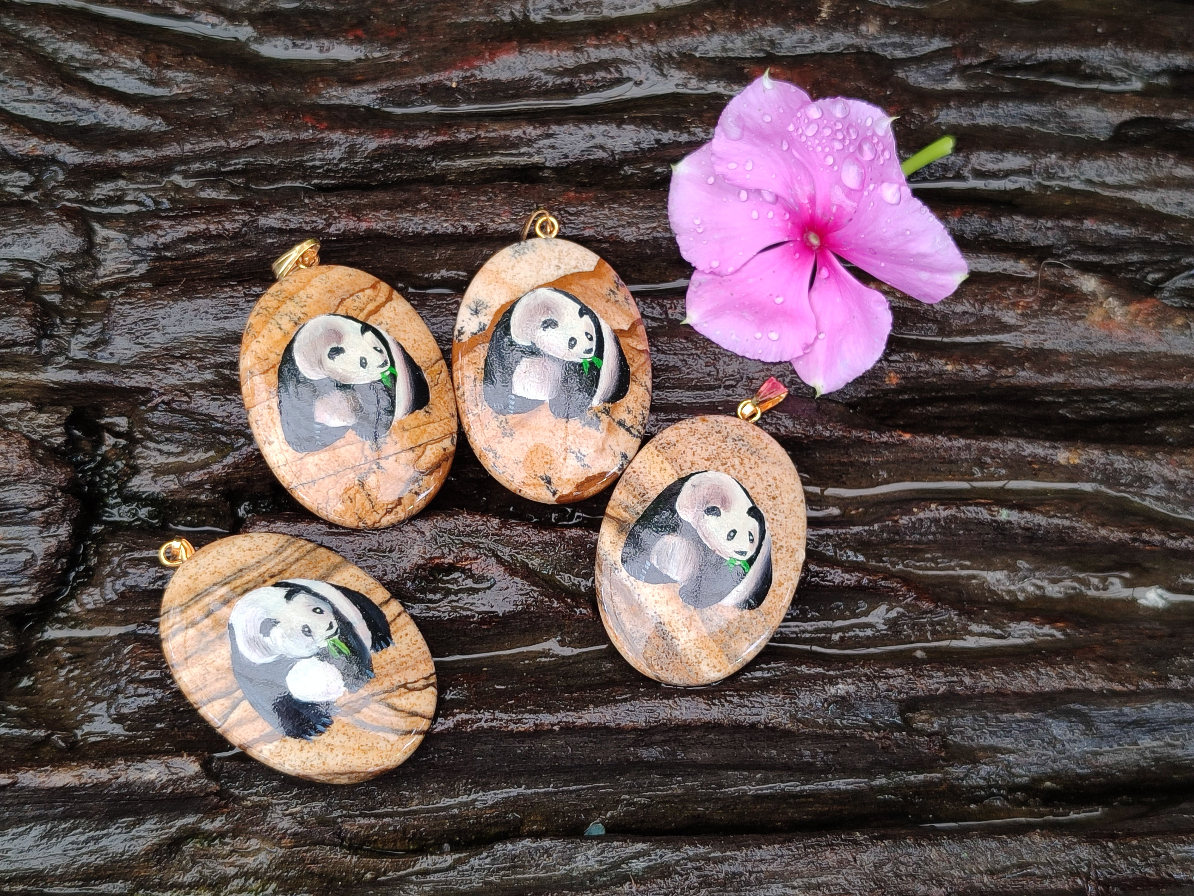 Polished Picture Stone Oval Pendant with Hand Painted Panda- Sold Per