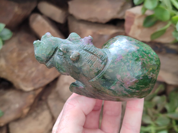 Hand Made Ruby Corundum In Chrome Verdite Hippo Carvings x 2 From ...