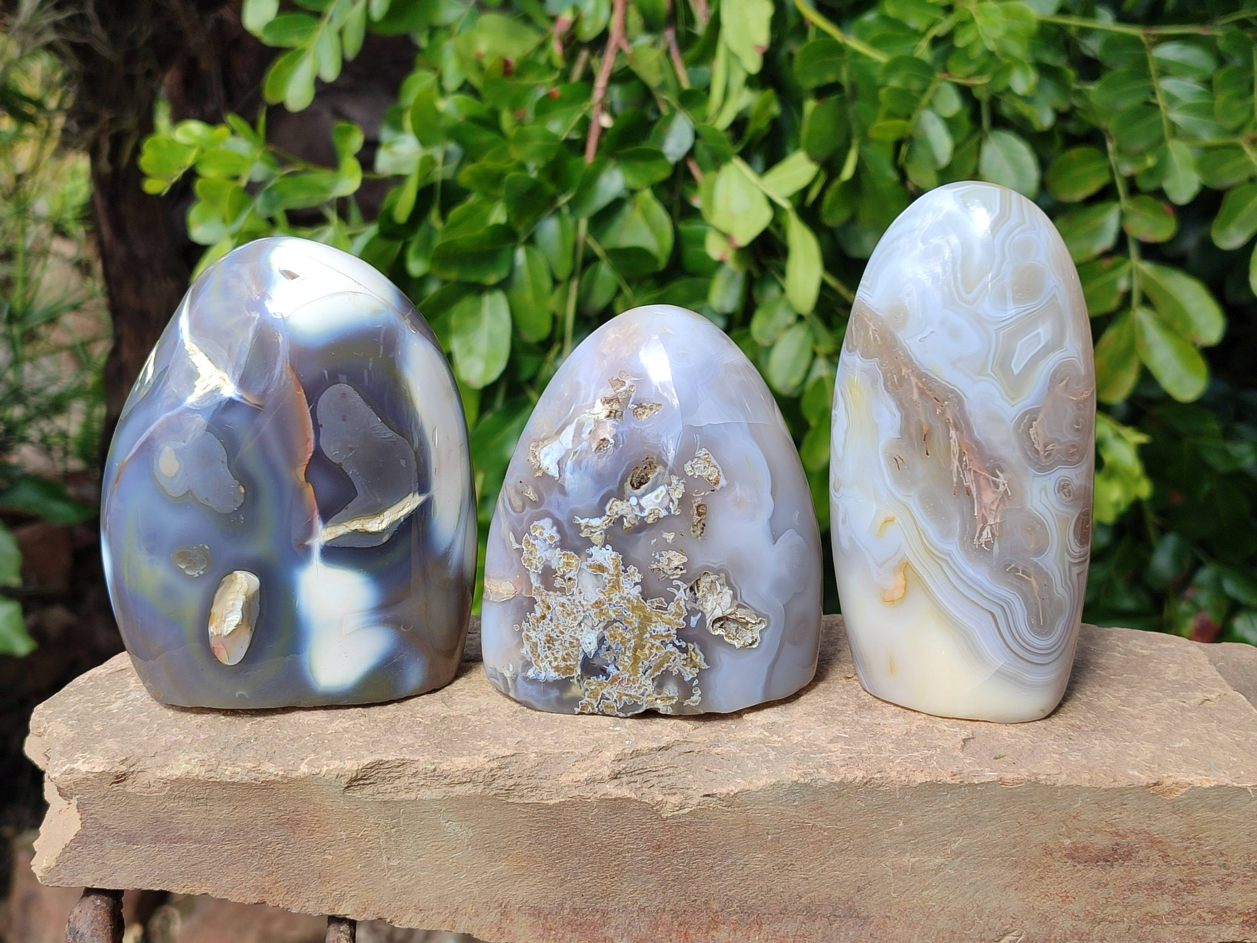 Polished Banded Agate Standing Free Forms x 3 From Madagascar