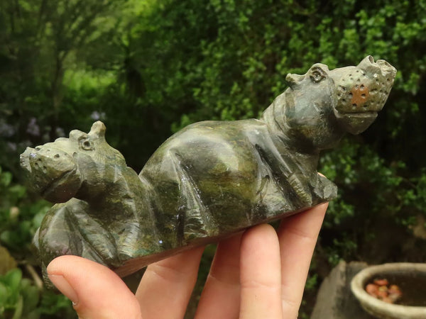 Hand Made Verdite Hippo Carvings x 2 From Zimbabwe | Toprock Gemstones ...